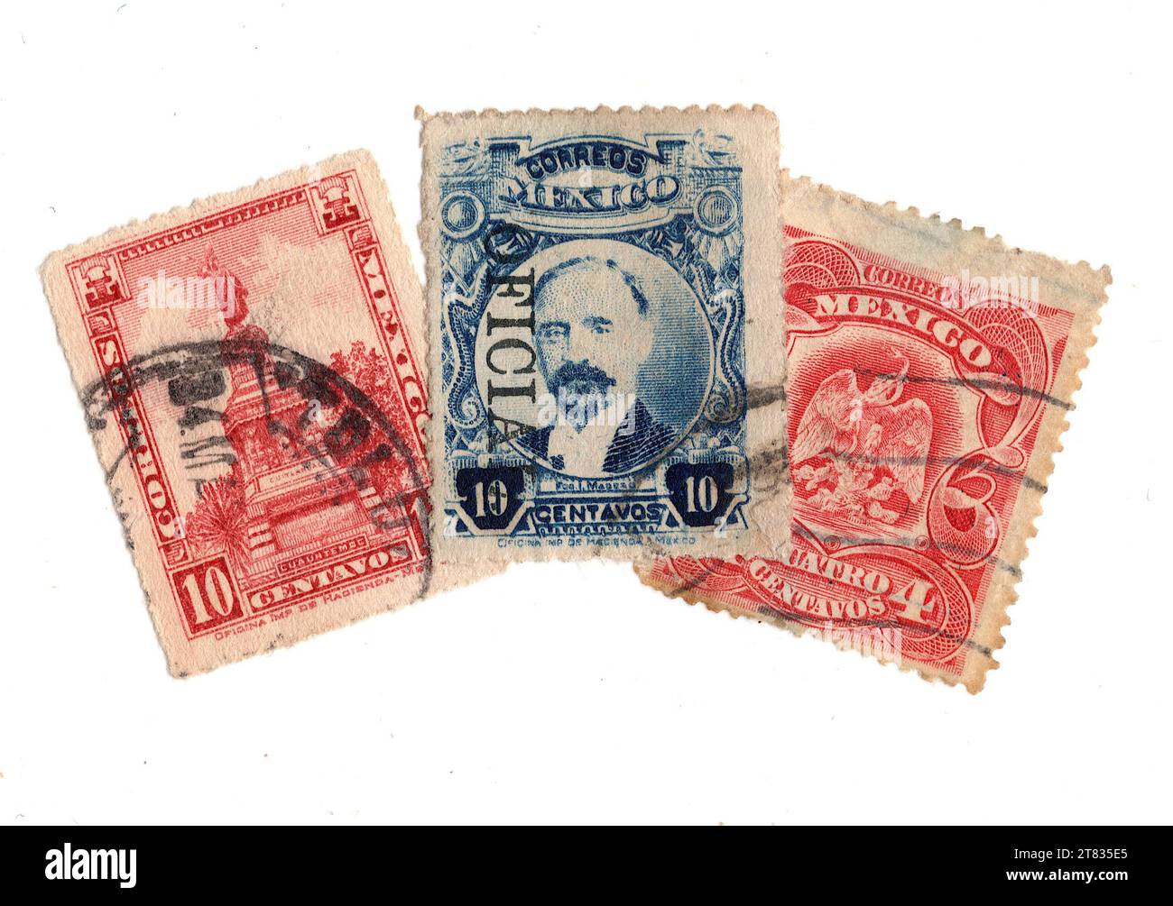 A montage of vintage postage stamps from Mexico on a white background ...