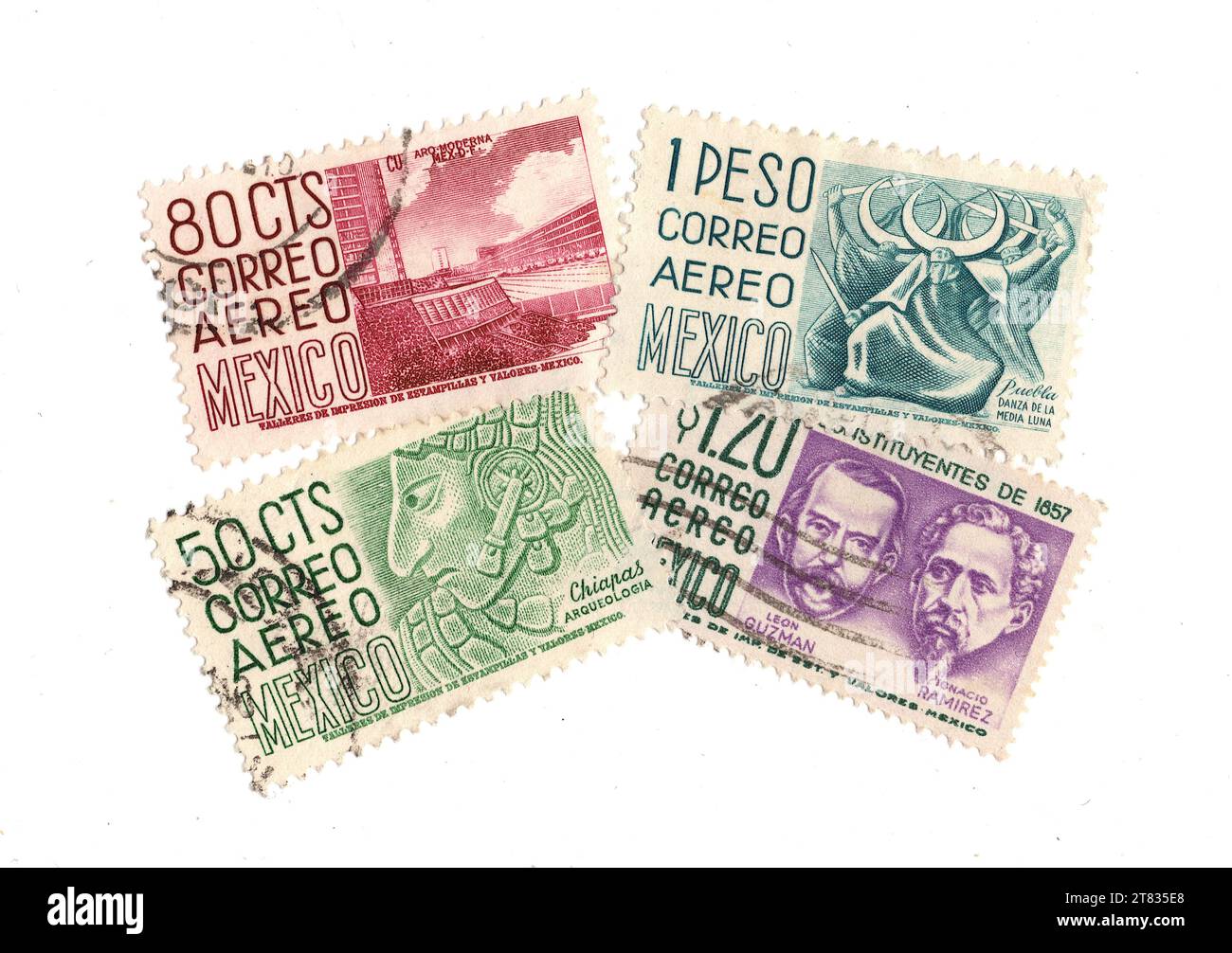 A montage of vintage postage stamps from Mexico on a white background ...