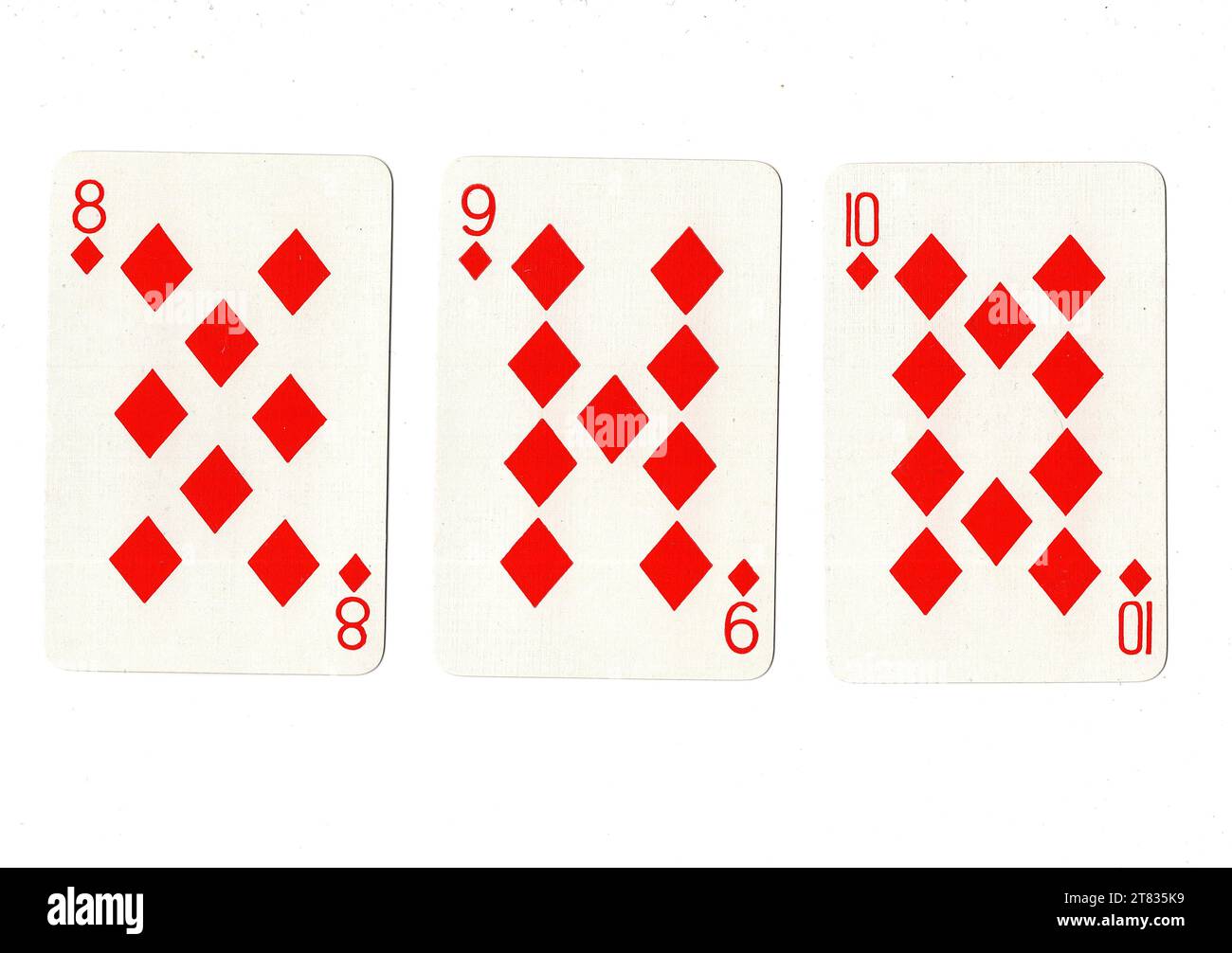 A run of three vintage playing cards showing an eight, nine and ten of ...