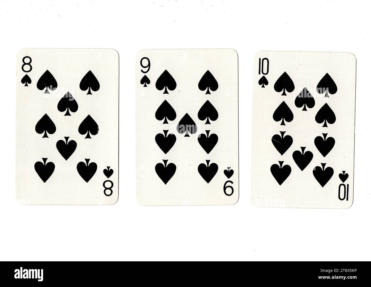 A run of three vintage playing cards showing an eight, nine and ten of ...