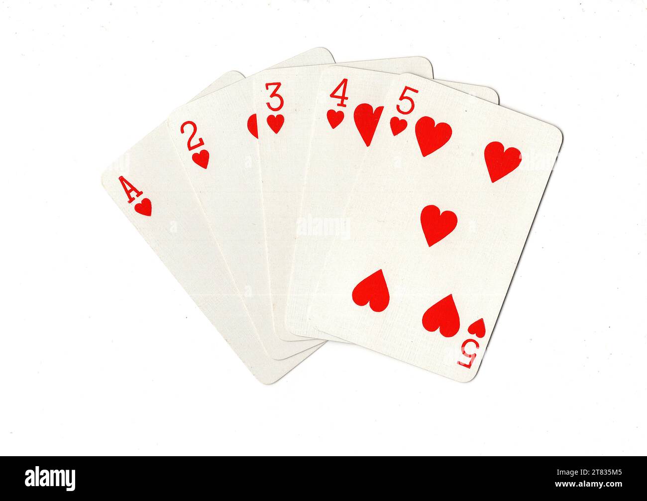 A poker hand of vintage playing cards showing a straight flush of ...