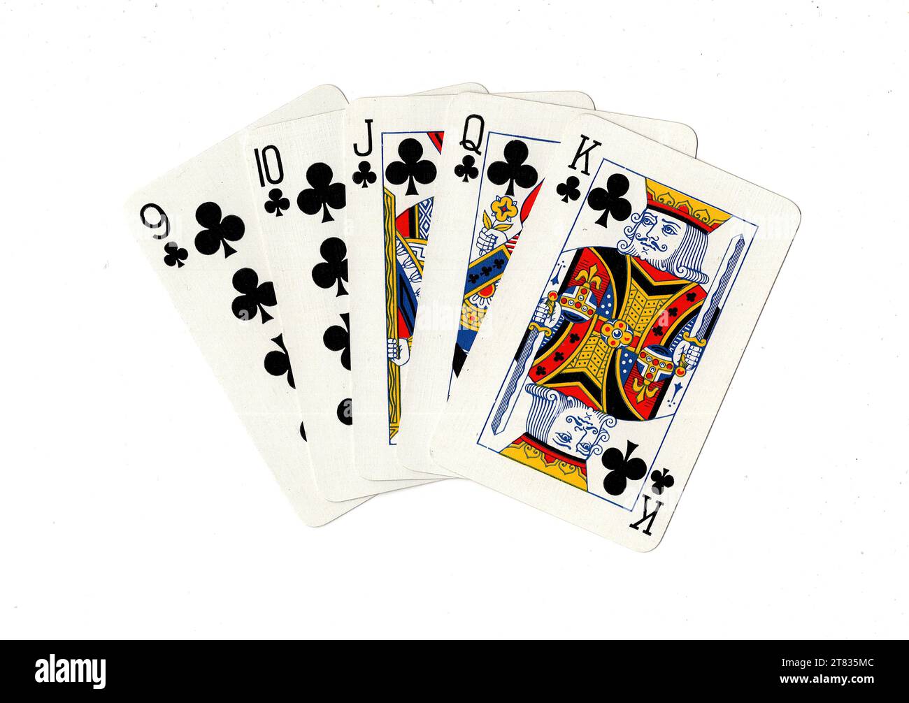 A poker hand of vintage playing cards showing a straight flush of clubs ...