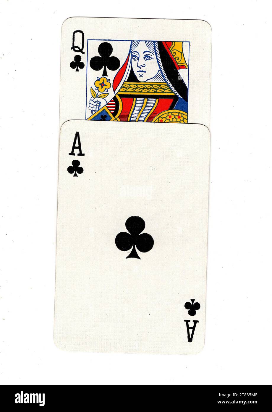 A pontoon hand of vintage playing cards showing an ace and queen of ...