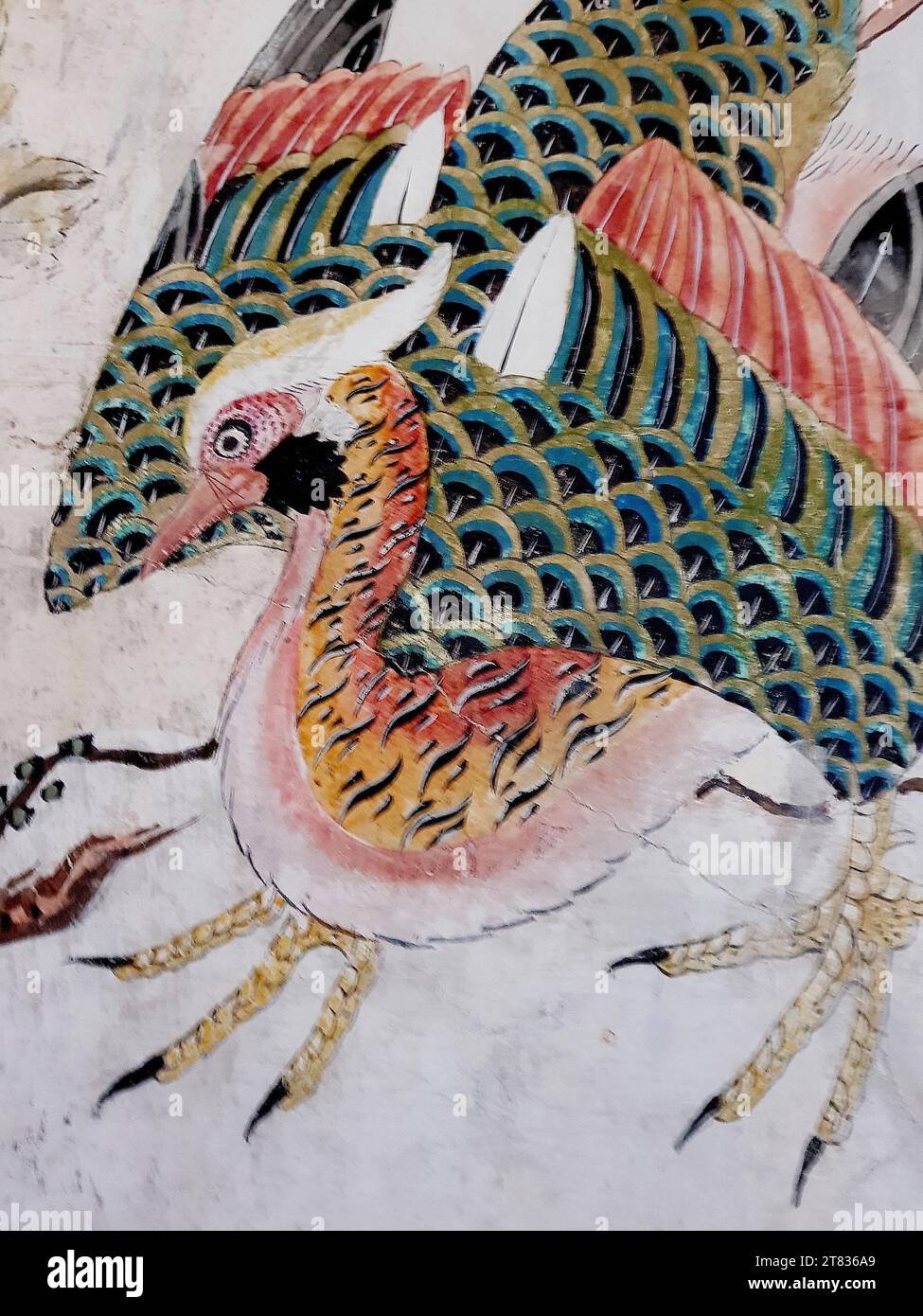 Close up of an antique Chinese oil painting showing decorative birds ...