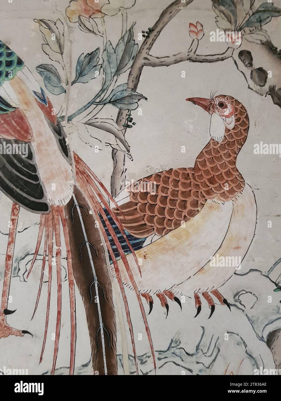 Close up of an antique Chinese oil painting showing decorative birds ...