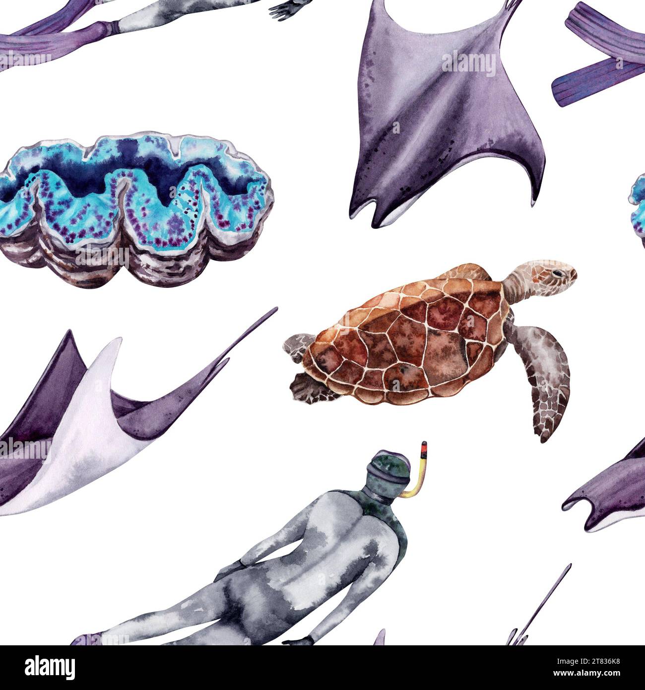 Tropical seamless pattern with manta ray, sea turtle, giant clam and a ...