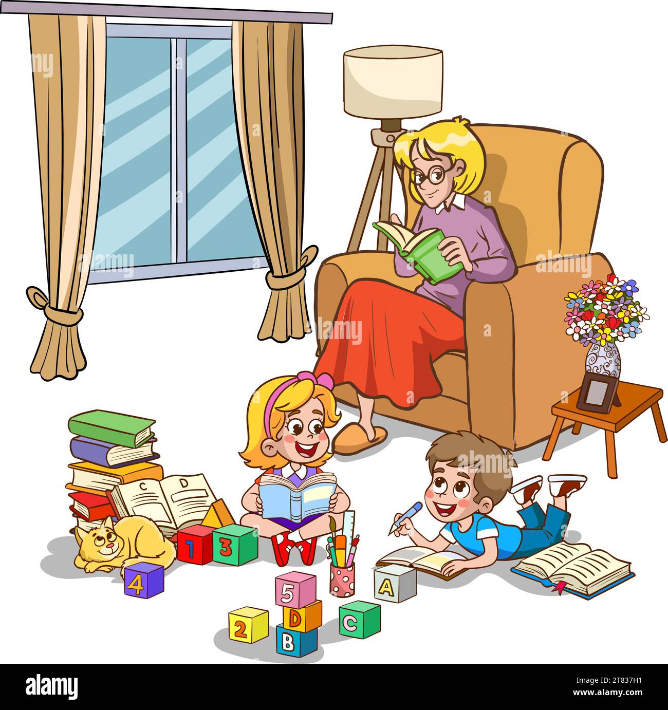 family reading book and kids cartoon vector Stock Vector Image & Art ...