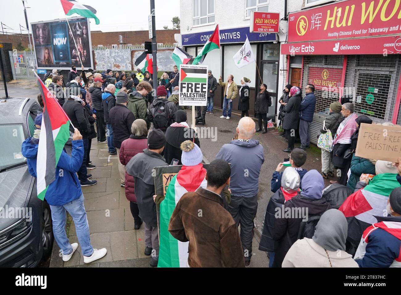 People take part in a Palestine Day of Action demonstration, outside ...