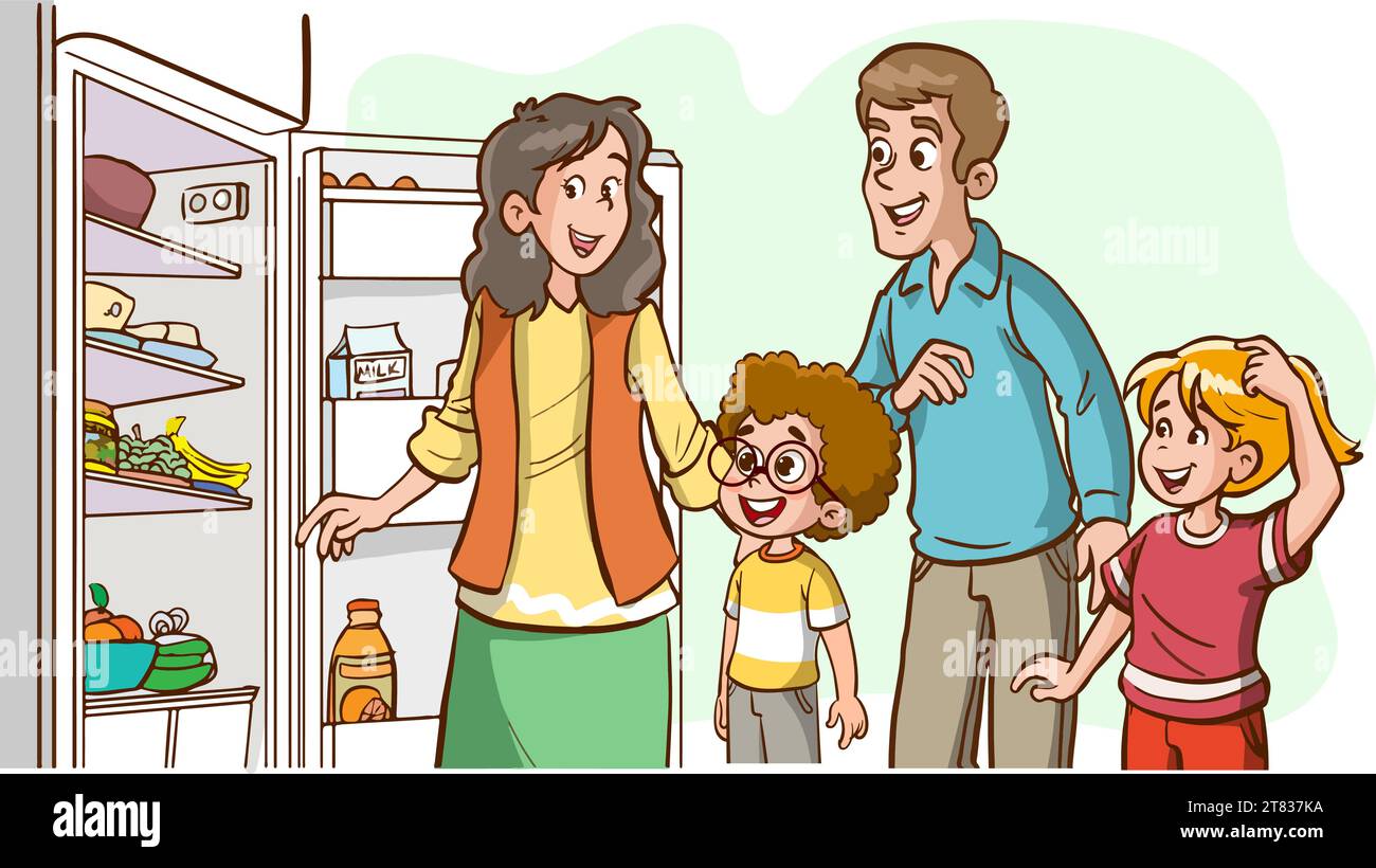 family looking at missing foods in fridge and making shopping list ...