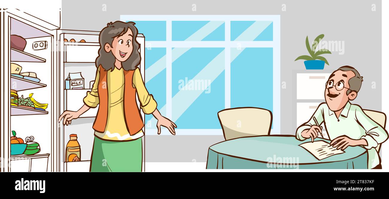 family looking at missing foods in fridge and making shopping list ...