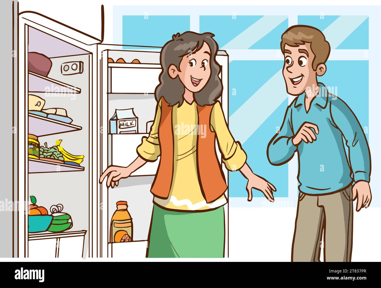 family looking at missing foods in fridge and making shopping list ...