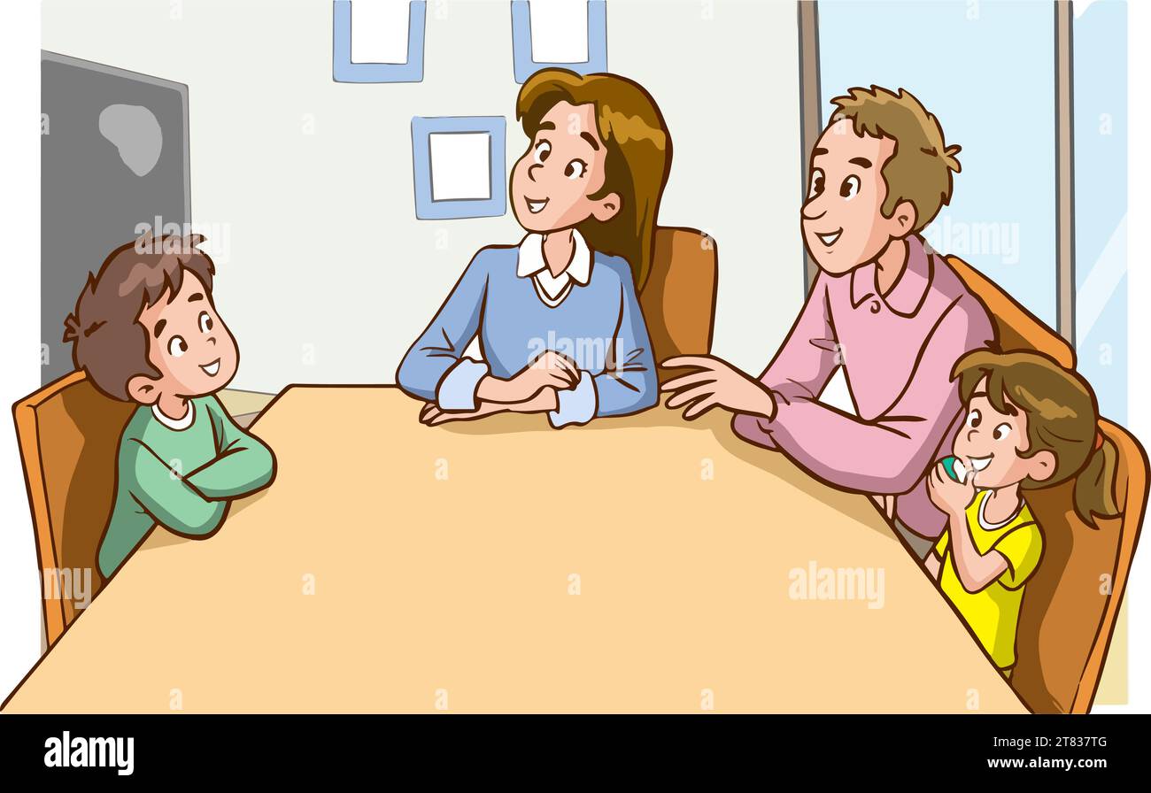 cute happy family sitting at the table chatting cartoon vector ...