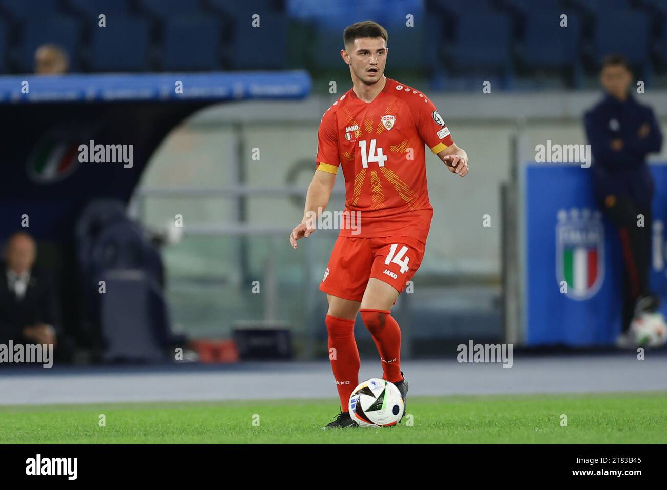 Bojan Dimoski of North Macedonia controls the ball during the Euro 2024 ...
