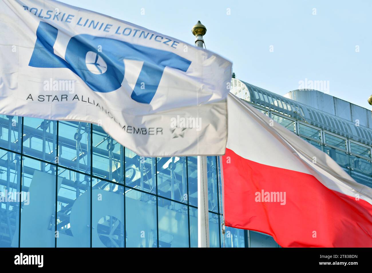 Warsaw,Poland. 5 March 2018. Sign LOT. Company signboard LOT. Polish national flag and PLL LOT ...