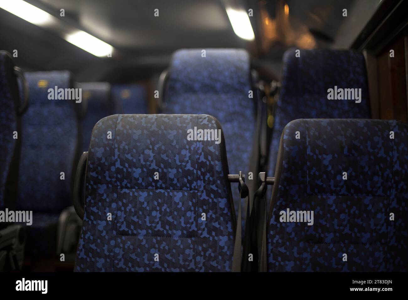 Bus seating. Empty seats in transport. Bus interior without people ...