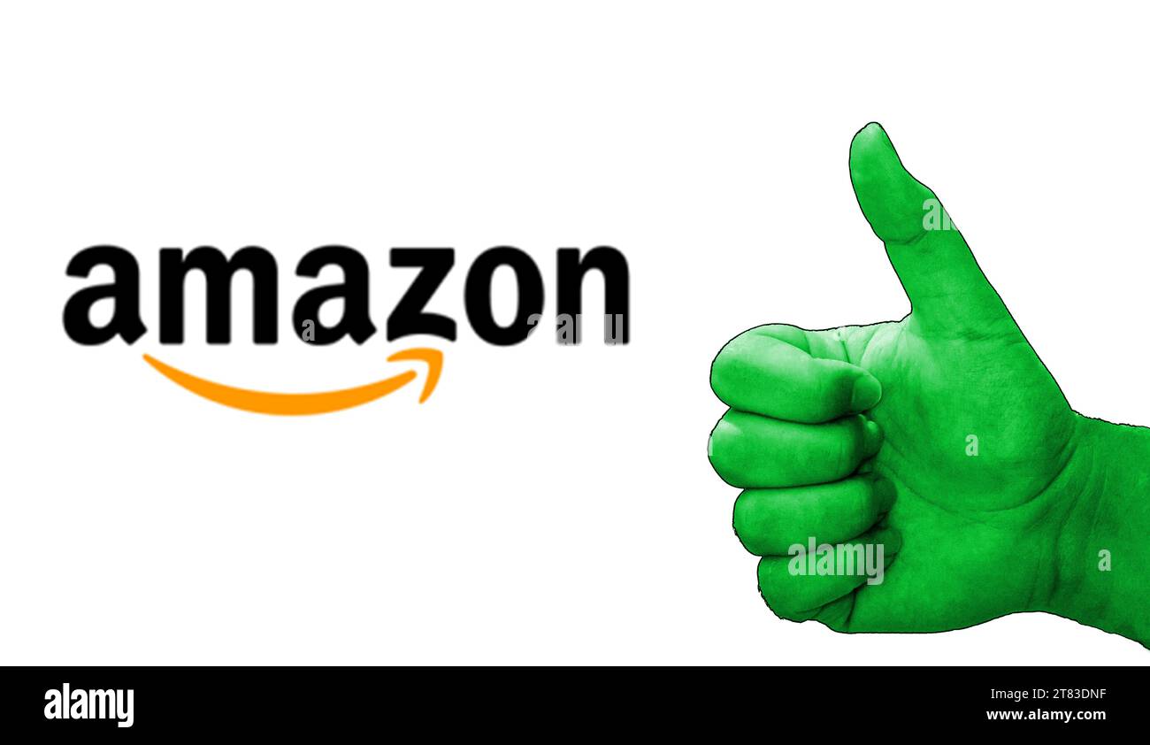 green thumbs up with the Amazon company logo, horizontal banner Stock ...