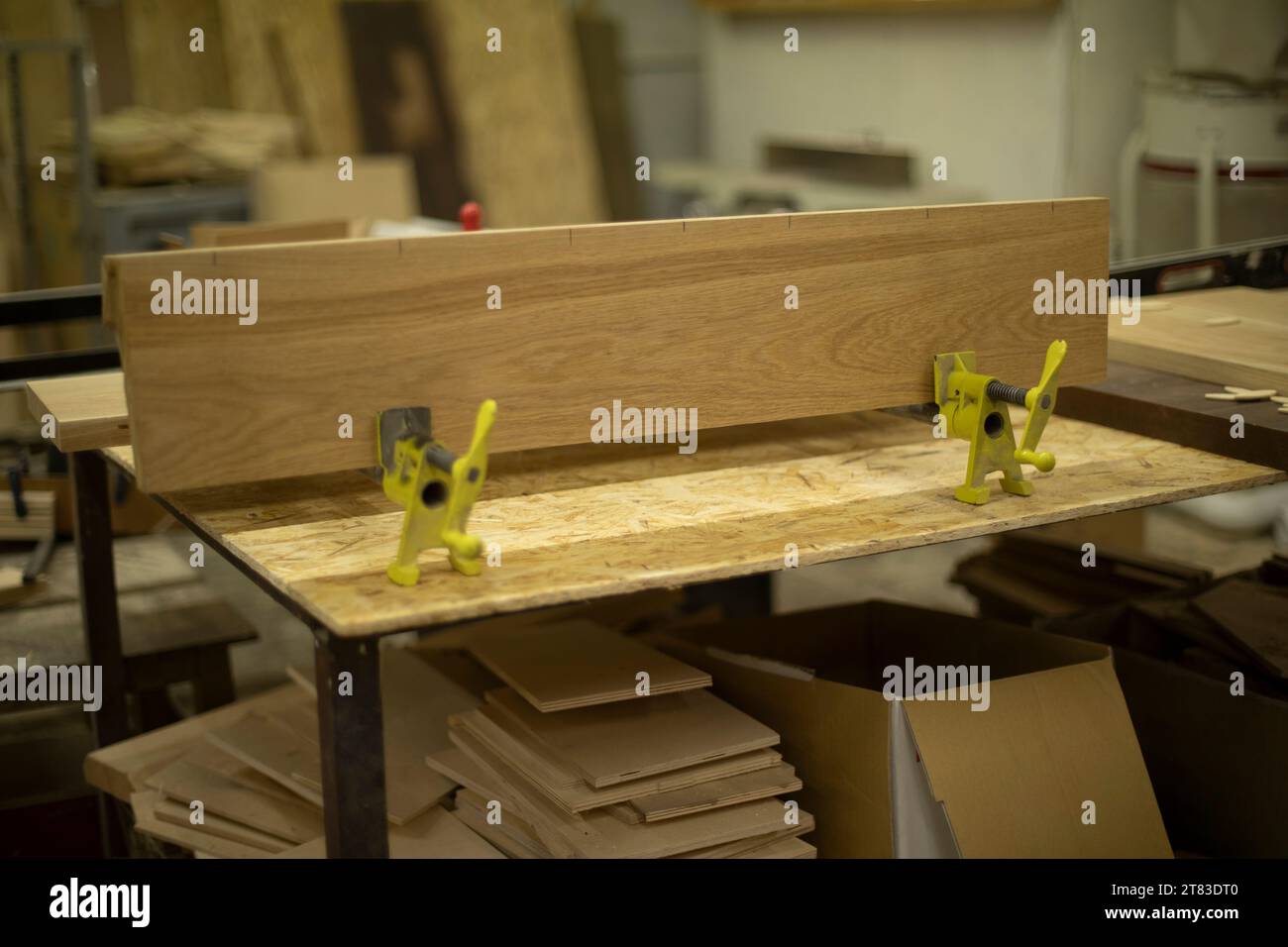 Workbench for boards. Table in carpentry workshop. Carpenter's ...