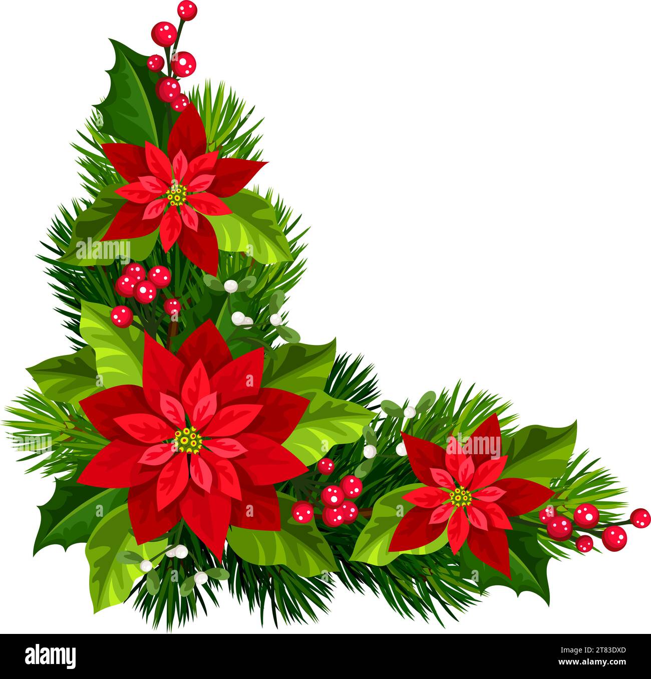 Christmas decorative corner background with green fir branches, red ...