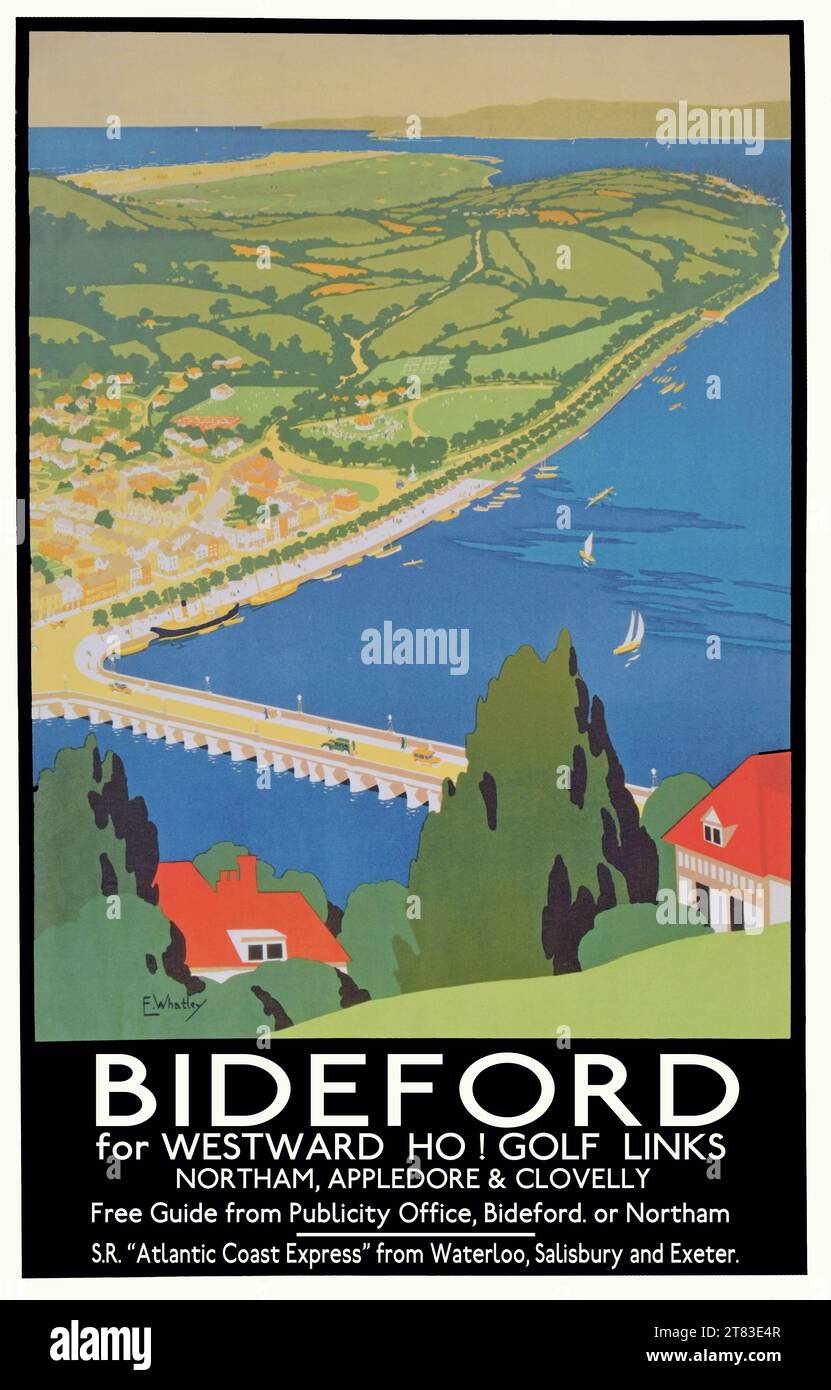 A vintage Southern Railway poster advertising travel to Bideford, Devon ...