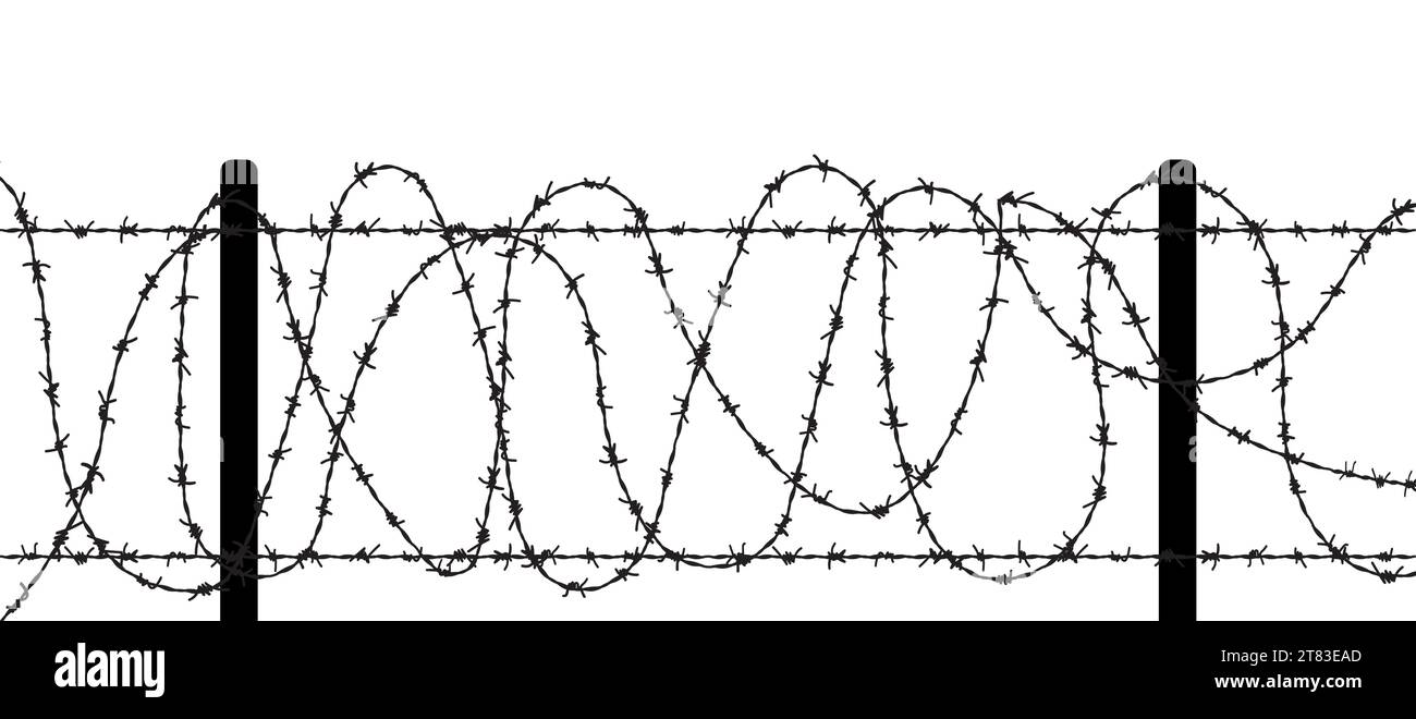 Barbed seamless wire vector fence barbwire border chain. Prison line war barb background metal ...