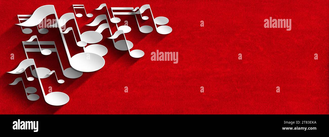 3D illustration of a group of white musical notes on a red velvet ...