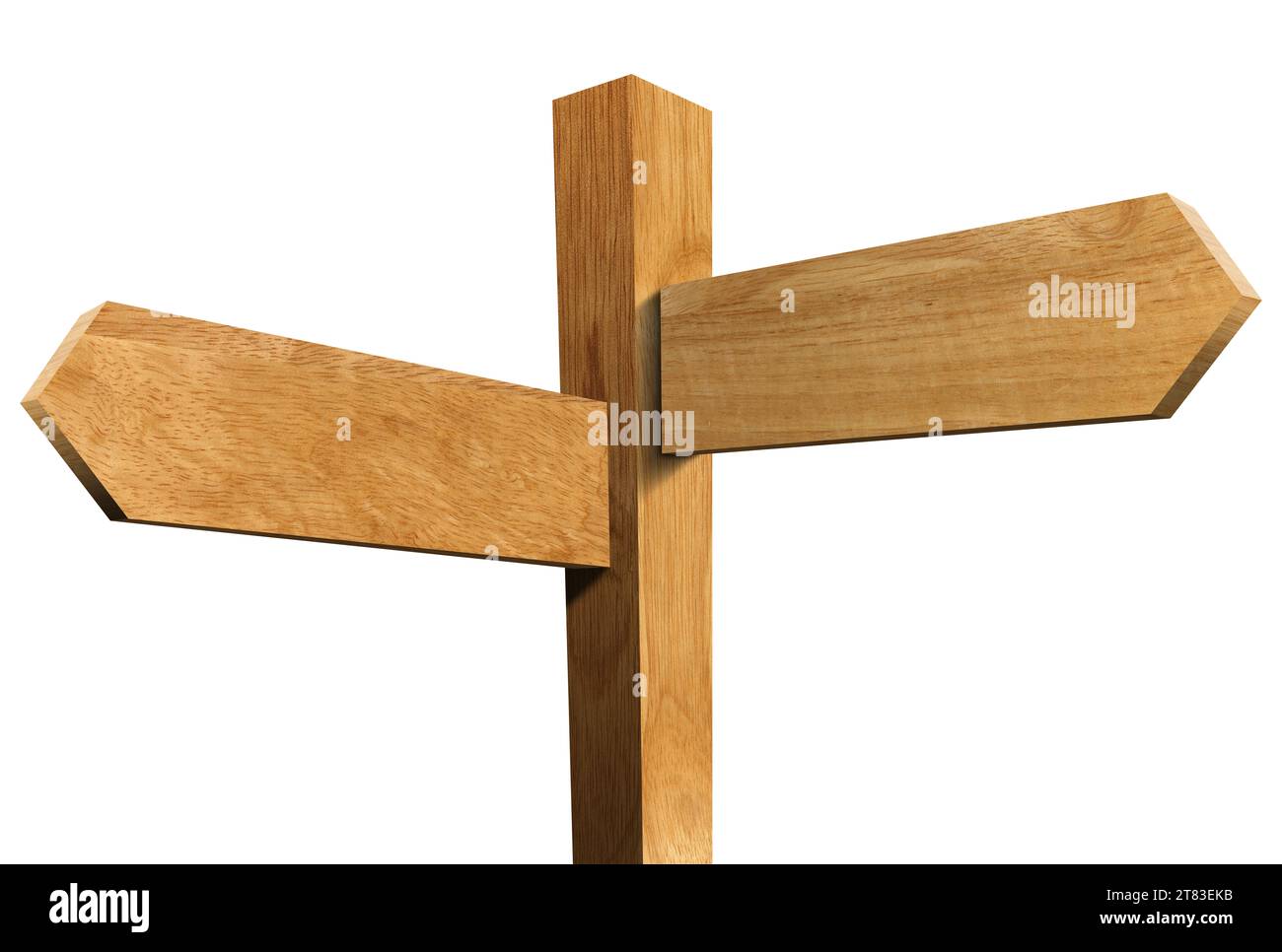 Two empty wooden directional signs (arrows) with pole and copy space ...