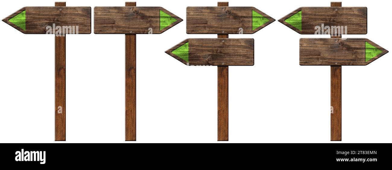 Collection of empty wooden directional signs (green arrows) with pole ...