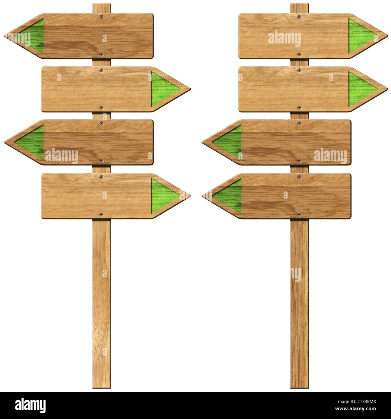 Collection of empty wooden directional signs (four green arrows) with ...