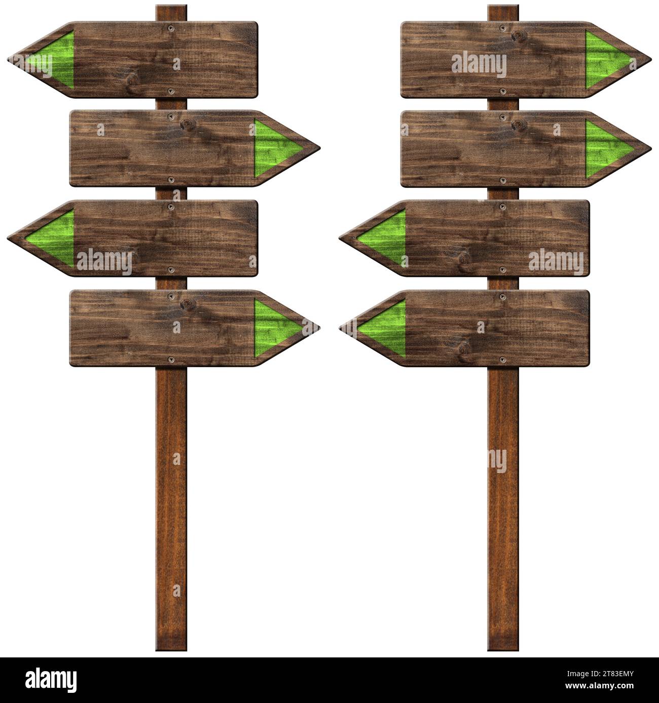 Collection of empty wooden directional signs (four green arrows) with ...