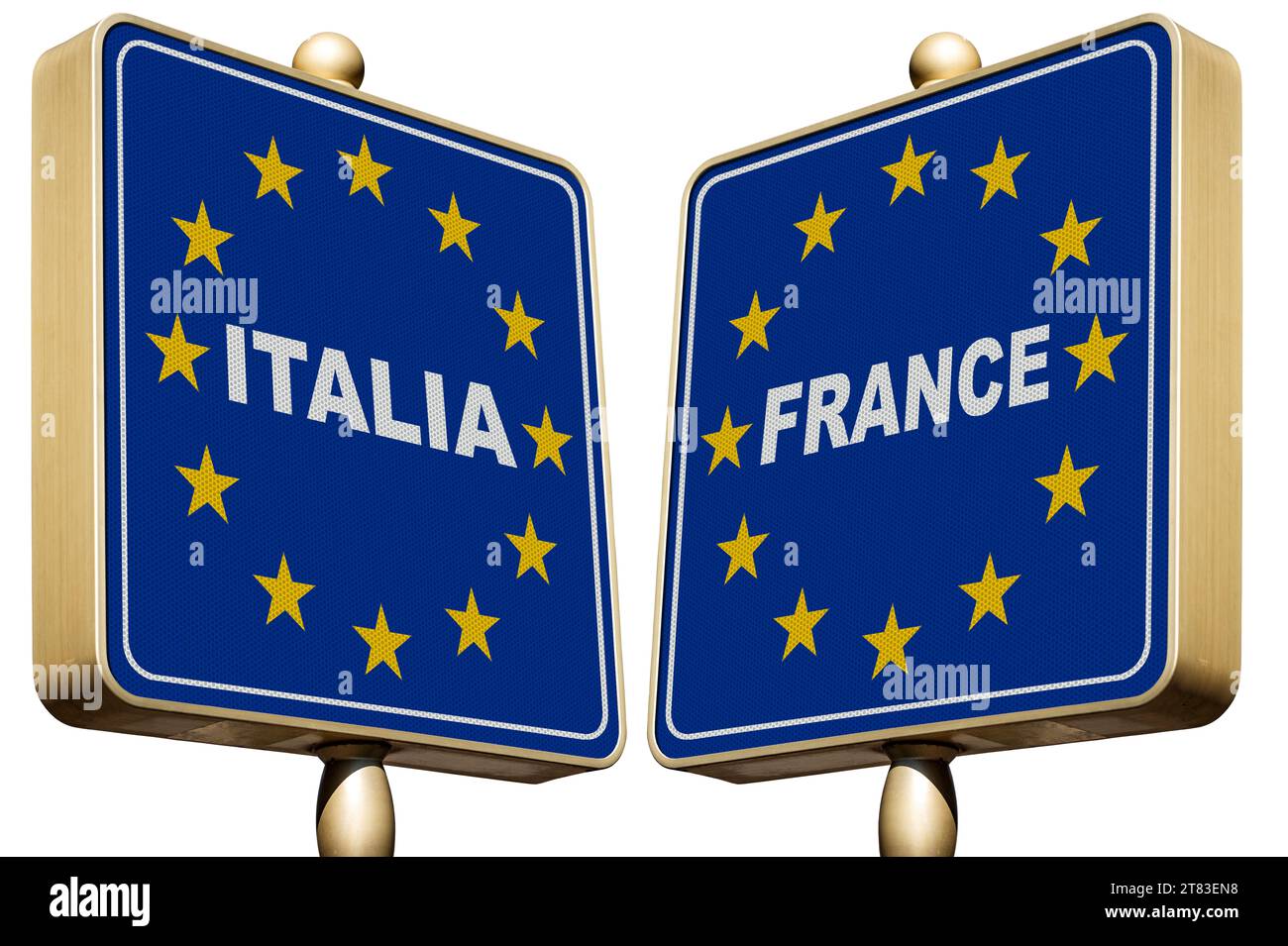 Italian-French Border concept. Two road signs with text Italia (Italy ...