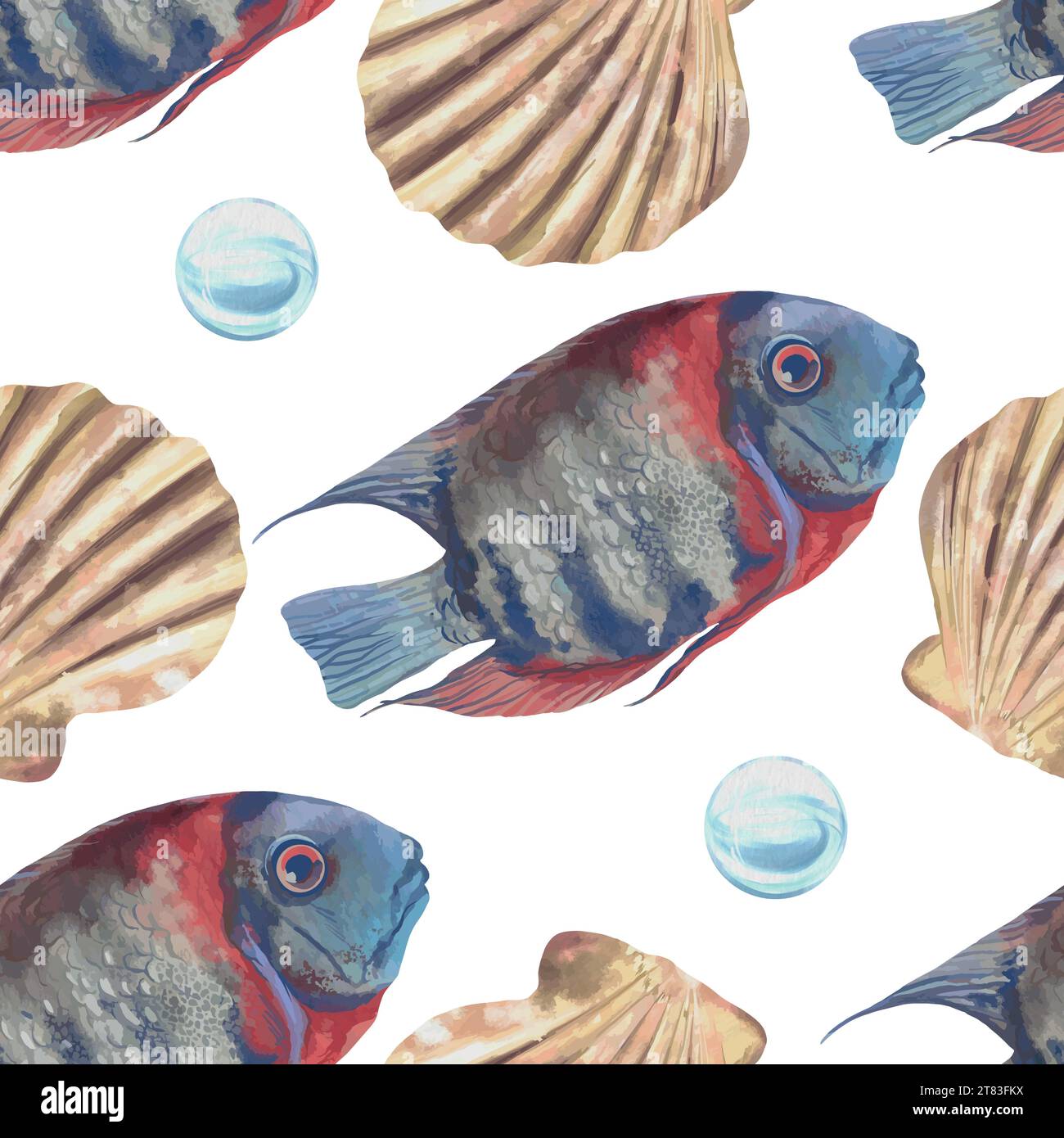 Fish, shells, bubbles. Marine seamless pattern. Vector illustration in ...