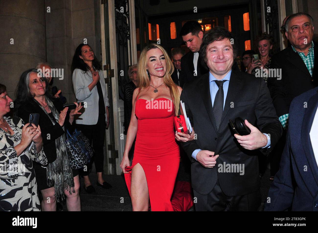 Presidential candidate Javier Milei leaves the Teatro Colon opera house ...