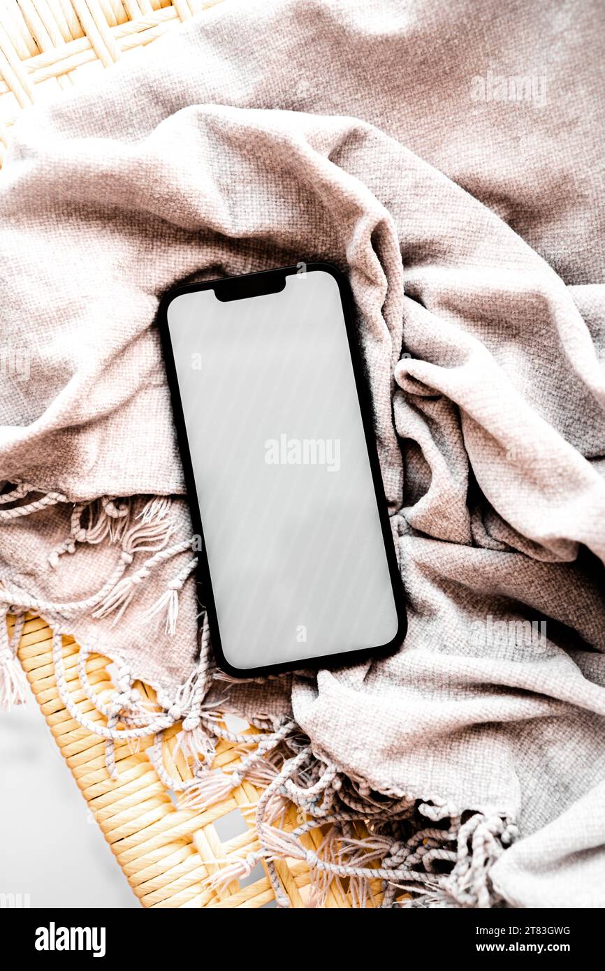 Blank path screen mobile phone with mockup on gray plaid. Aesthetic ...