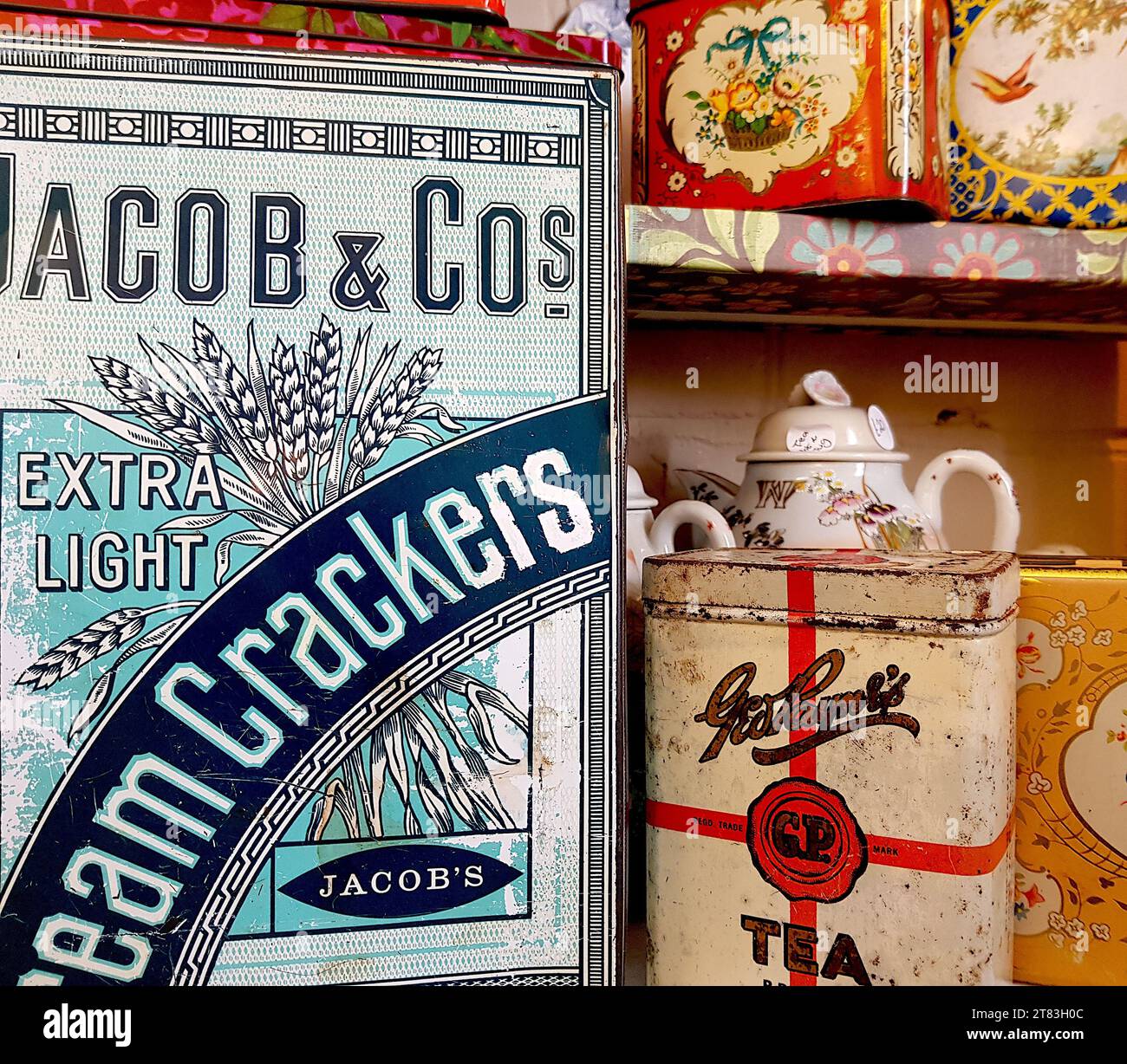 Close up of vintage cracker and biscuit tins Stock Photo - Alamy