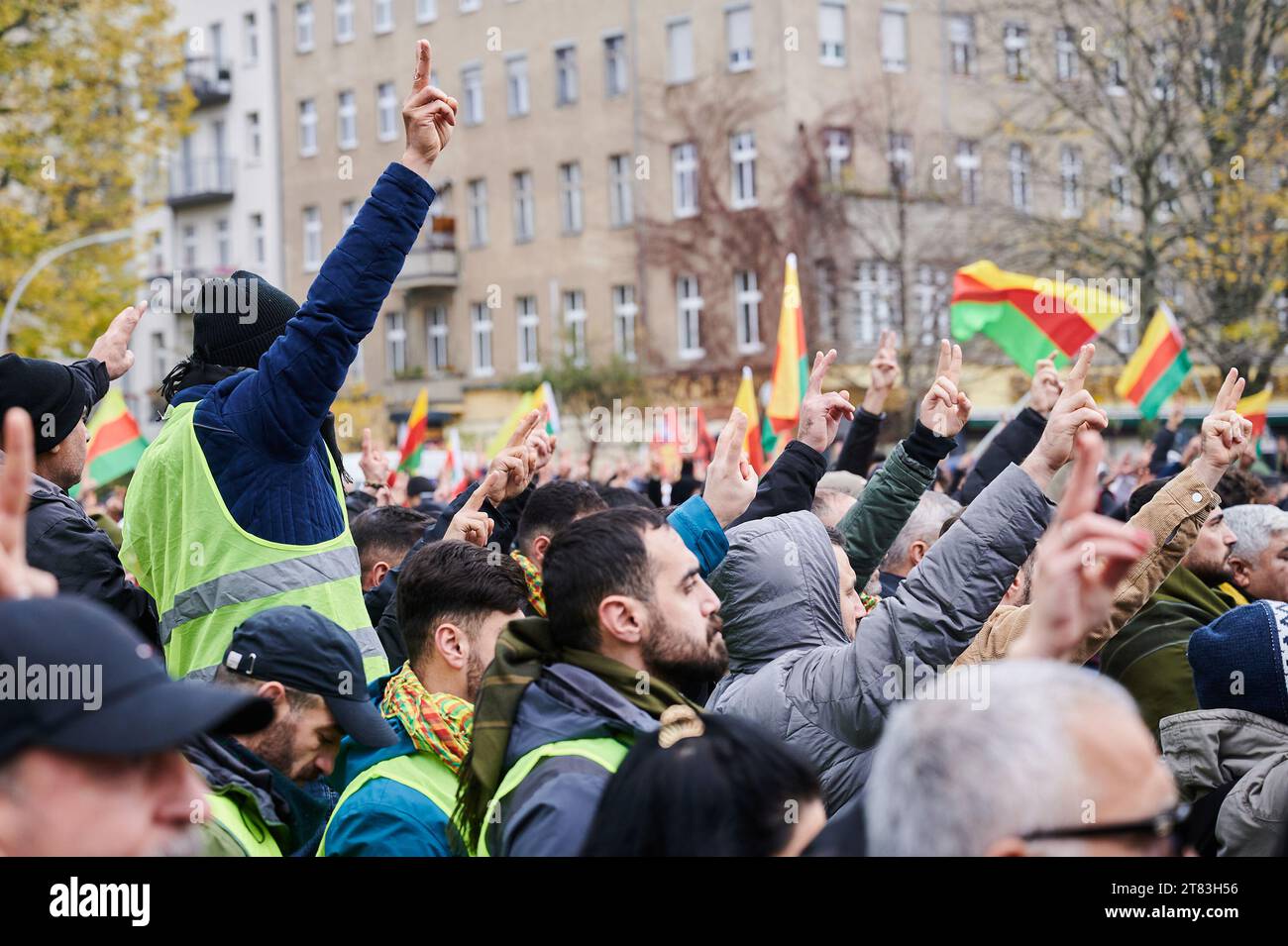 Berlin, Germany. 18th Nov, 2023. Demonstrators at Oranienplatz show the ...
