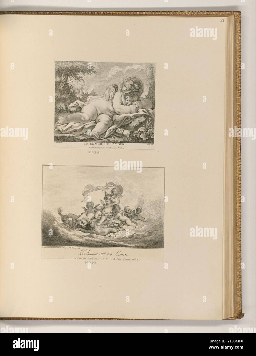 Jean Baptiste Michel Sleeping amor; Amor on the water. Copper engraving ...