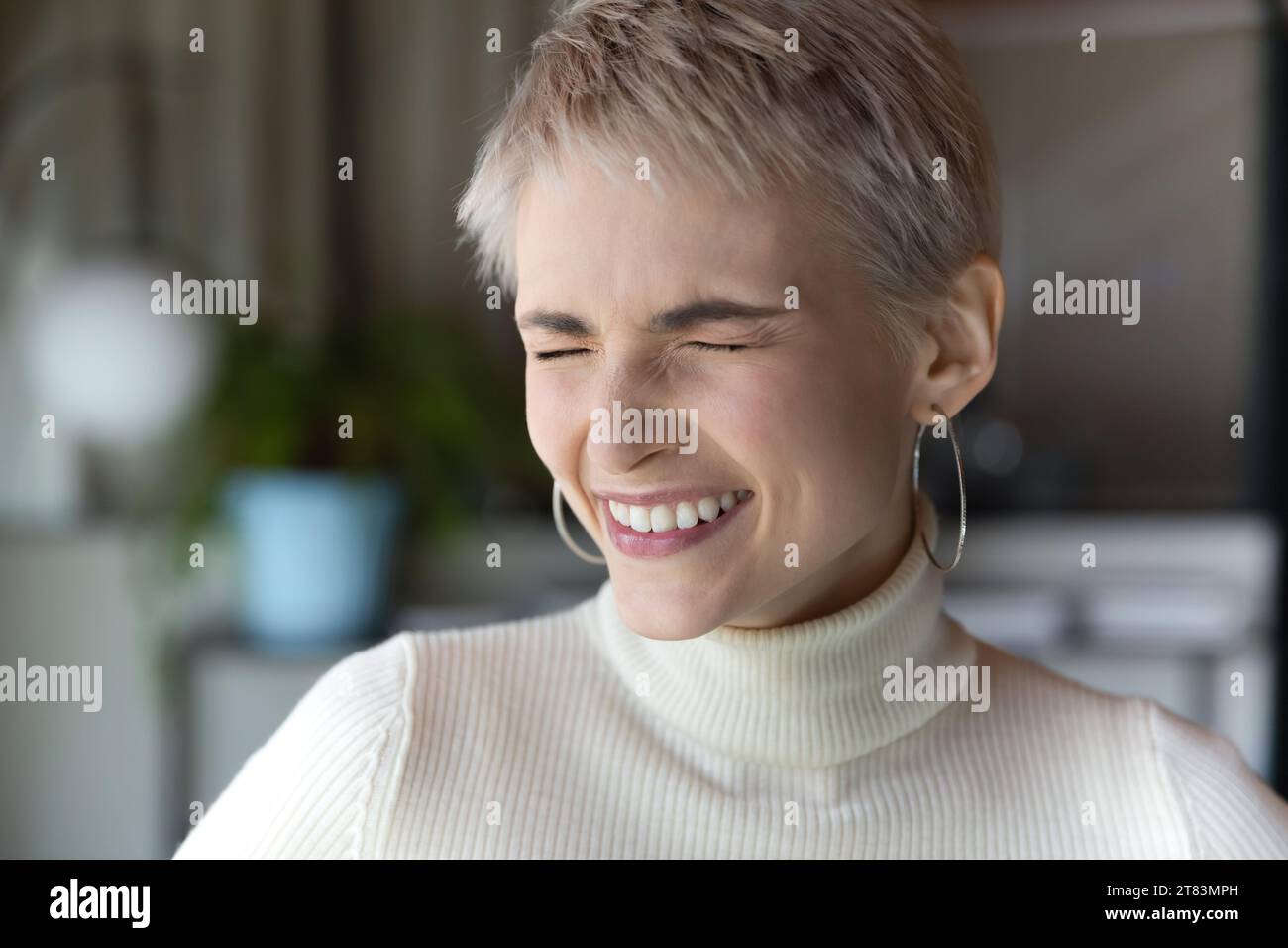 Headshot portrait of happy business woman smiling with closed eyes ...