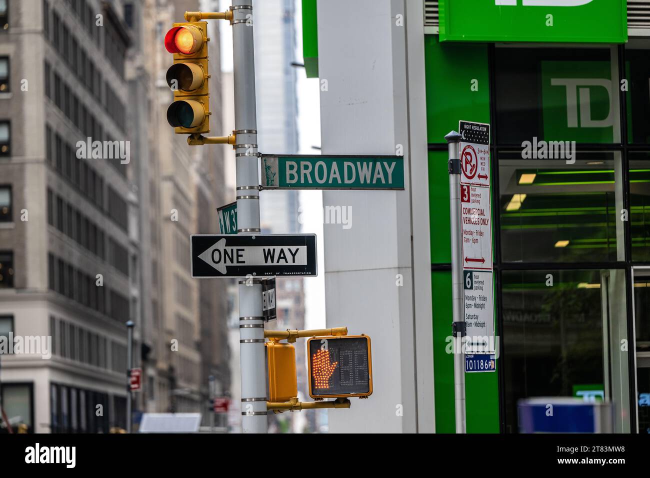 Pedestrian and One way traffic lights on the streets of New York Stock ...