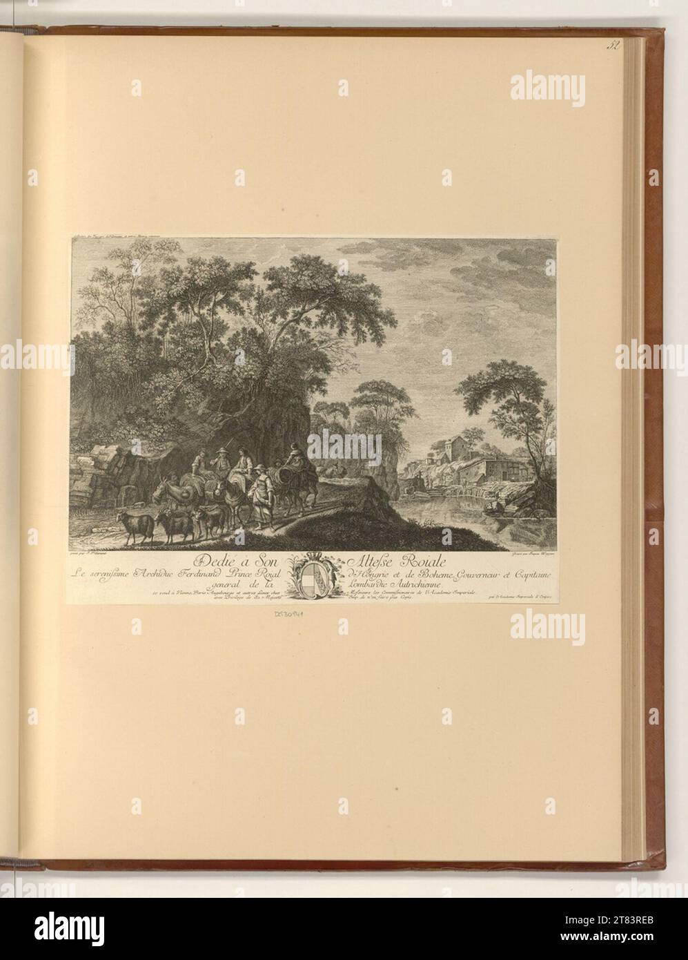 Jakob Wangner (Engraver) River landscape with tour group. etching 1748 ...