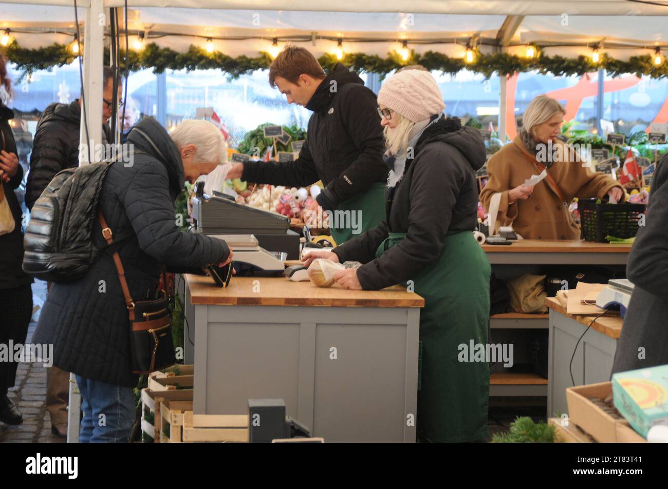 Copenhagen, Denmark /18 November. 2023/Shoppers at farmers market or ...