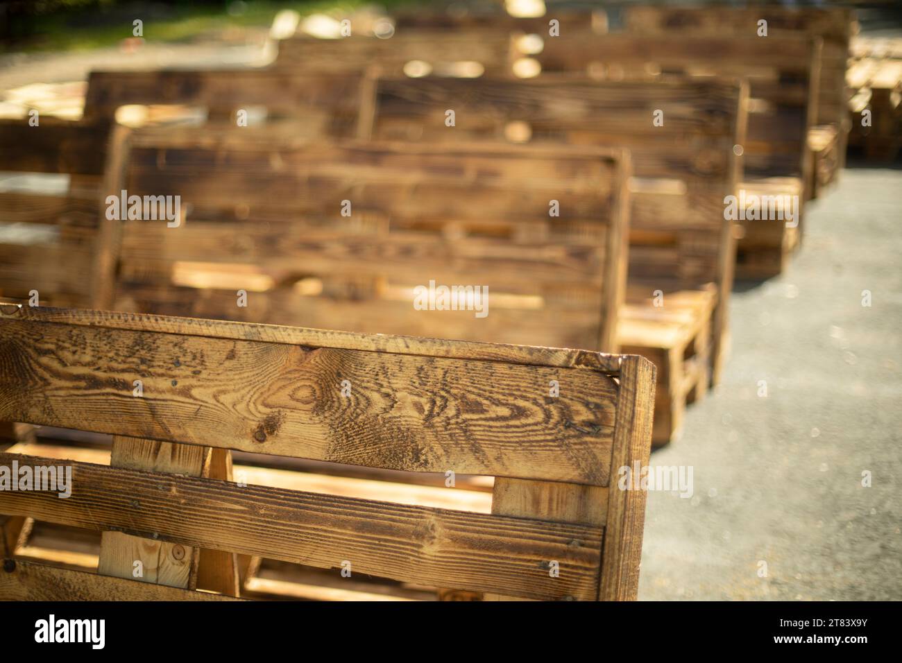 Pallets made of wood. Craft furniture. Made of planks. Production of ...