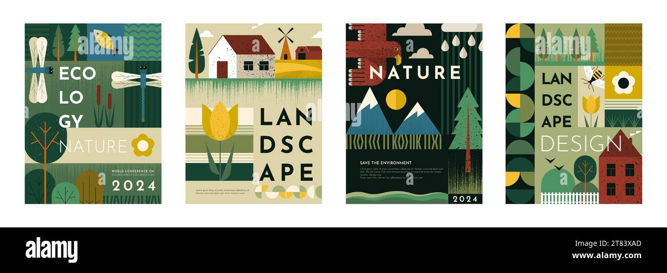 Nature posters. Countryside house. Farm plants. Geometric summer ...