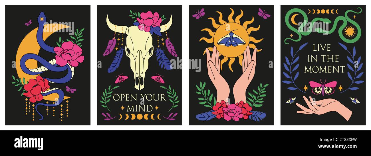 Mystical posters. Snake with rose flowers, female hands hold sun ...