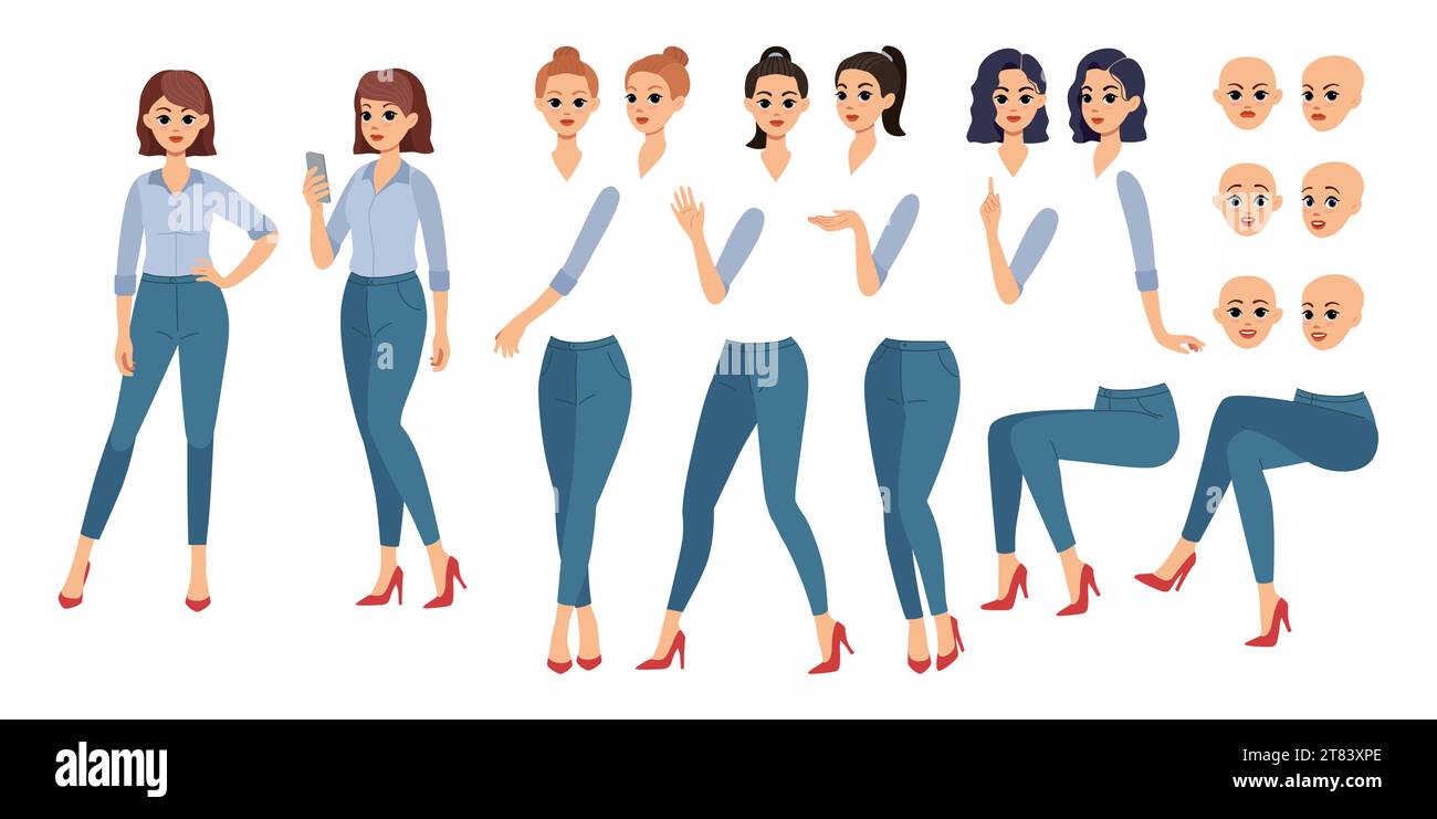 Woman character. 2d people person, head and different poses, haircuts ...