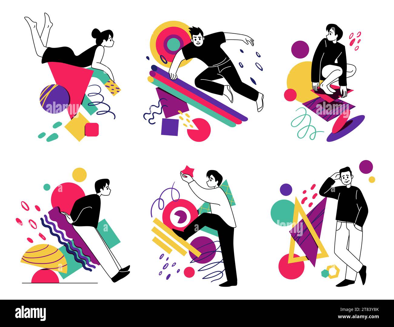 Abstract characters. People with geometric figures. Man lying on square. Woman sitting on circle ...