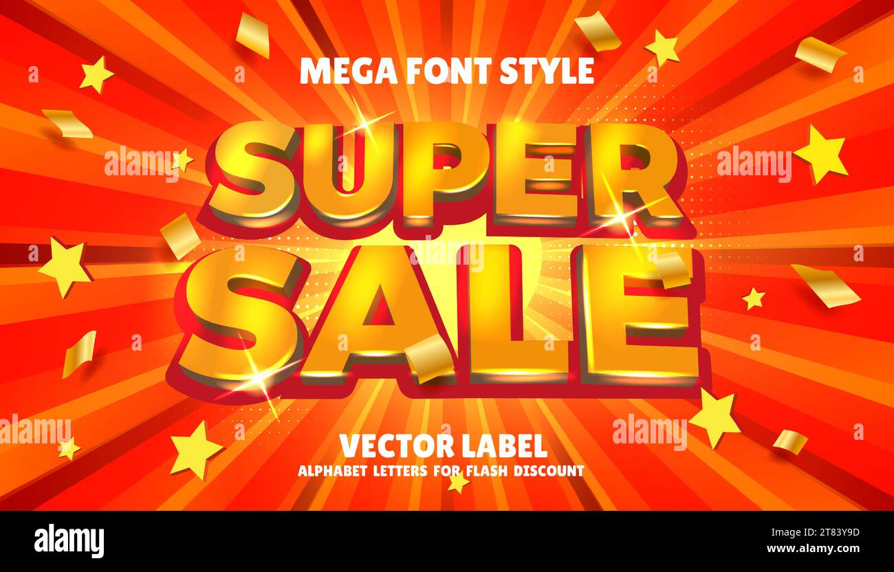 Super sale promo. Discount banner. Shiny promotion text. Radial beams effect. Stars and confetti ...