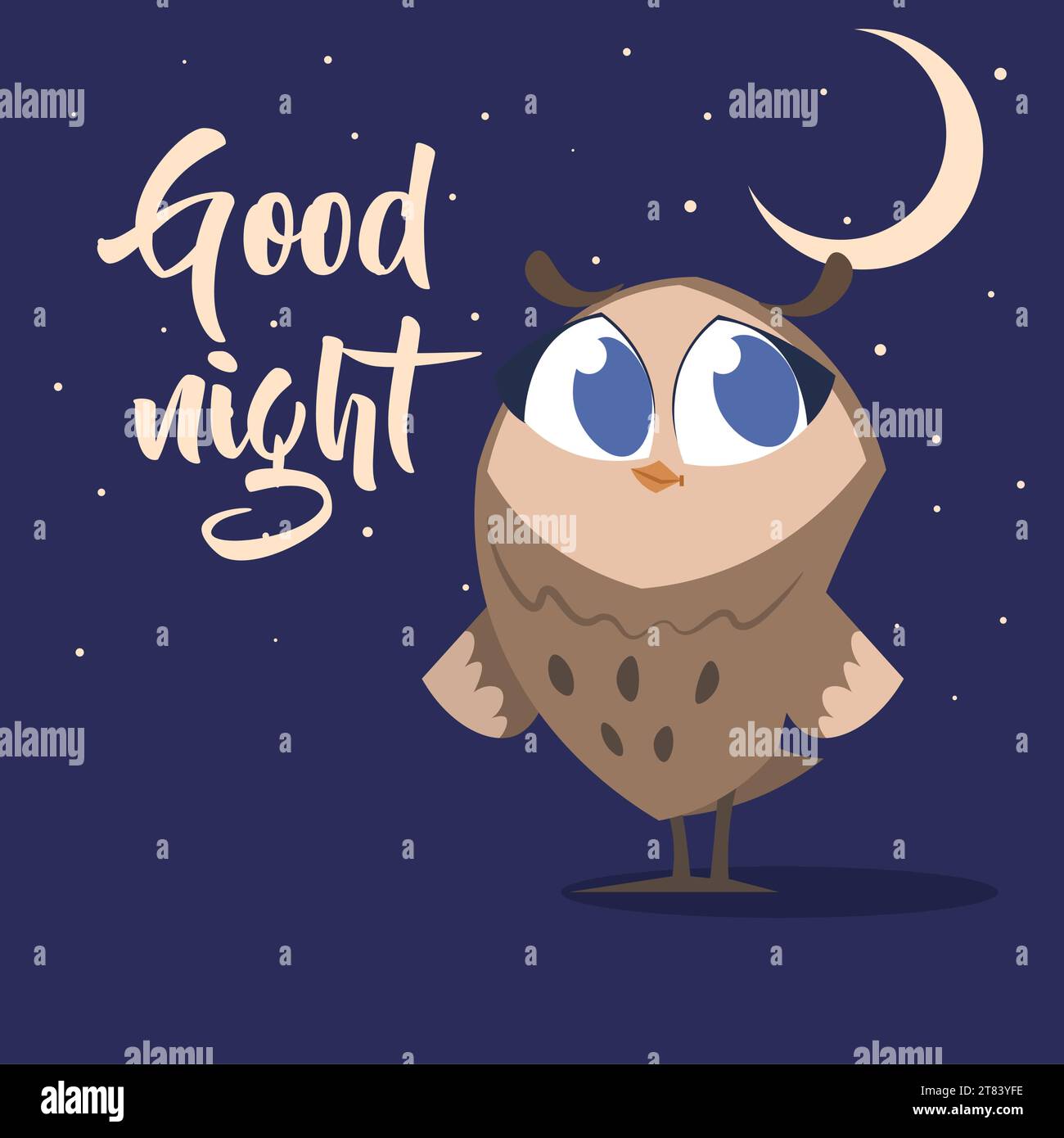 Cute animals. Cartoon adorable owl. Moon and stars in midnight sky ...