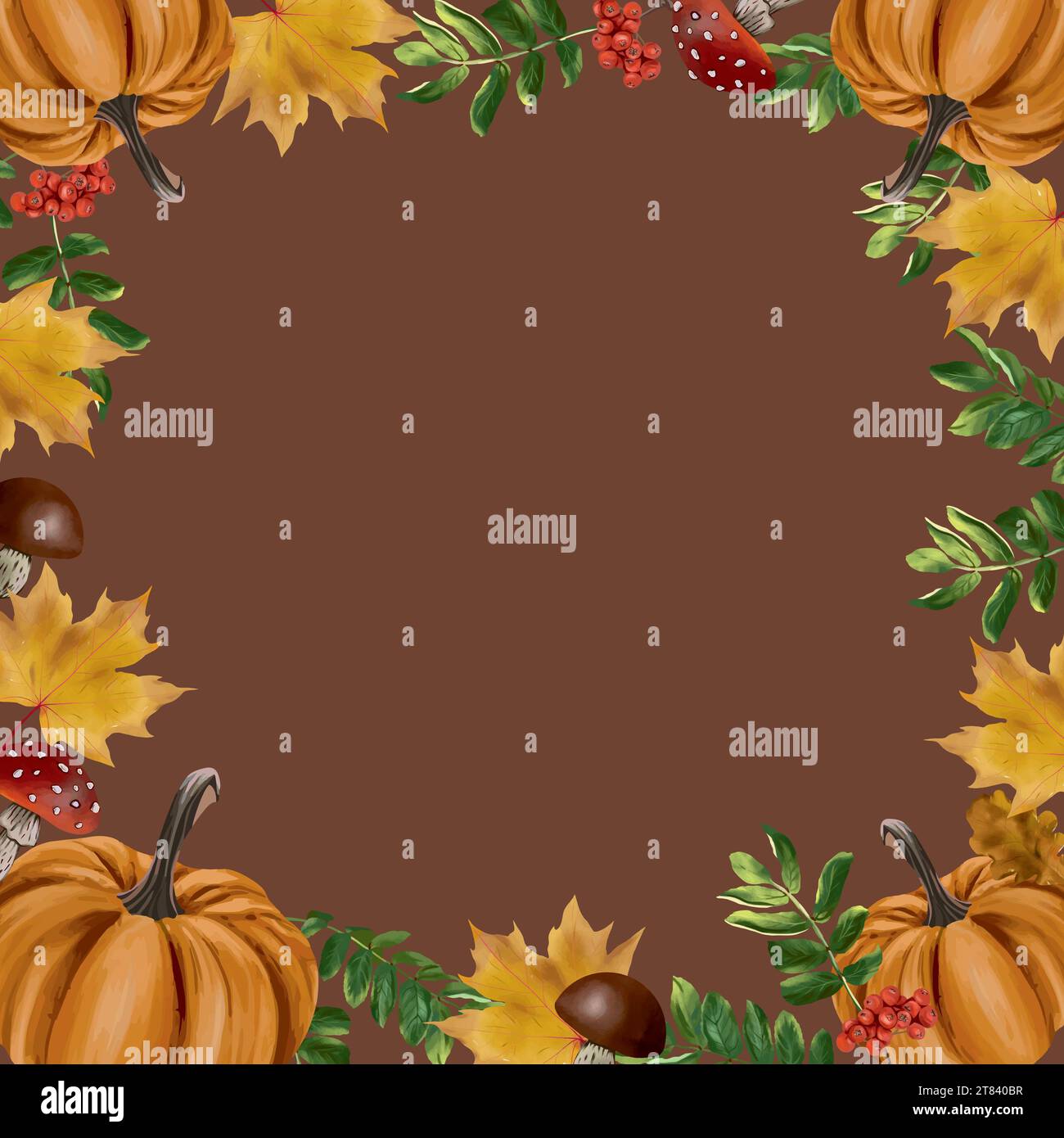 Pumpkins, maple leaves, mushrooms, rowan. Square vector frame. Design ...