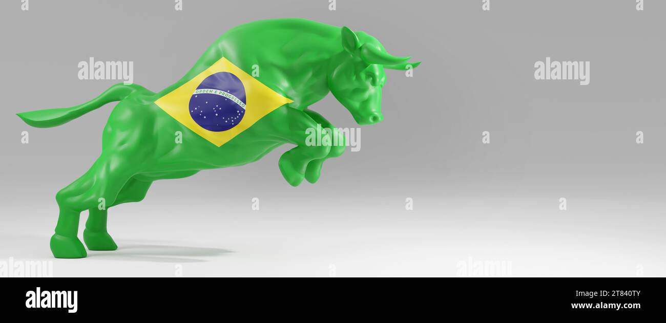 Horizontal banner of a bull with Brazil flag on plain empty grey ...