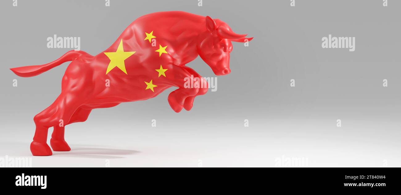 Horizontal banner of a bull with China flag on plain empty grey ...
